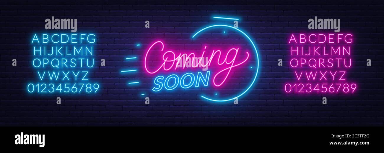 Coming soon neon sign on brick wall background. Template for design ...