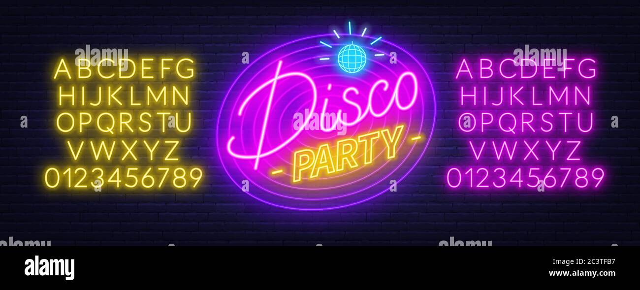 Neon lettering Disco party on brick wall background. Glowing fonts ...