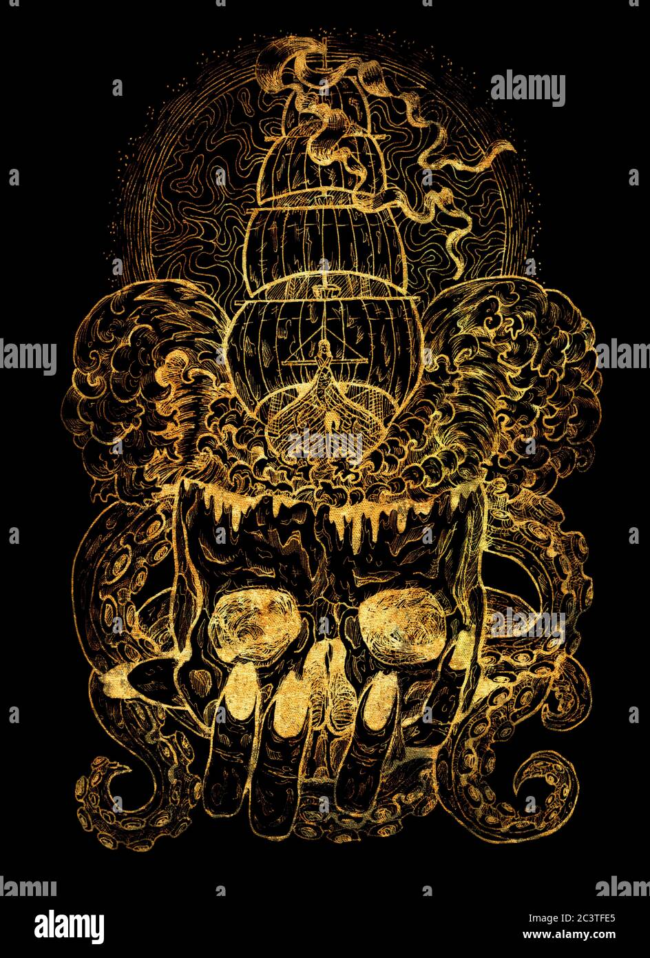 Golden marine emblem with old sailboat, skull and monster tentacles on ...