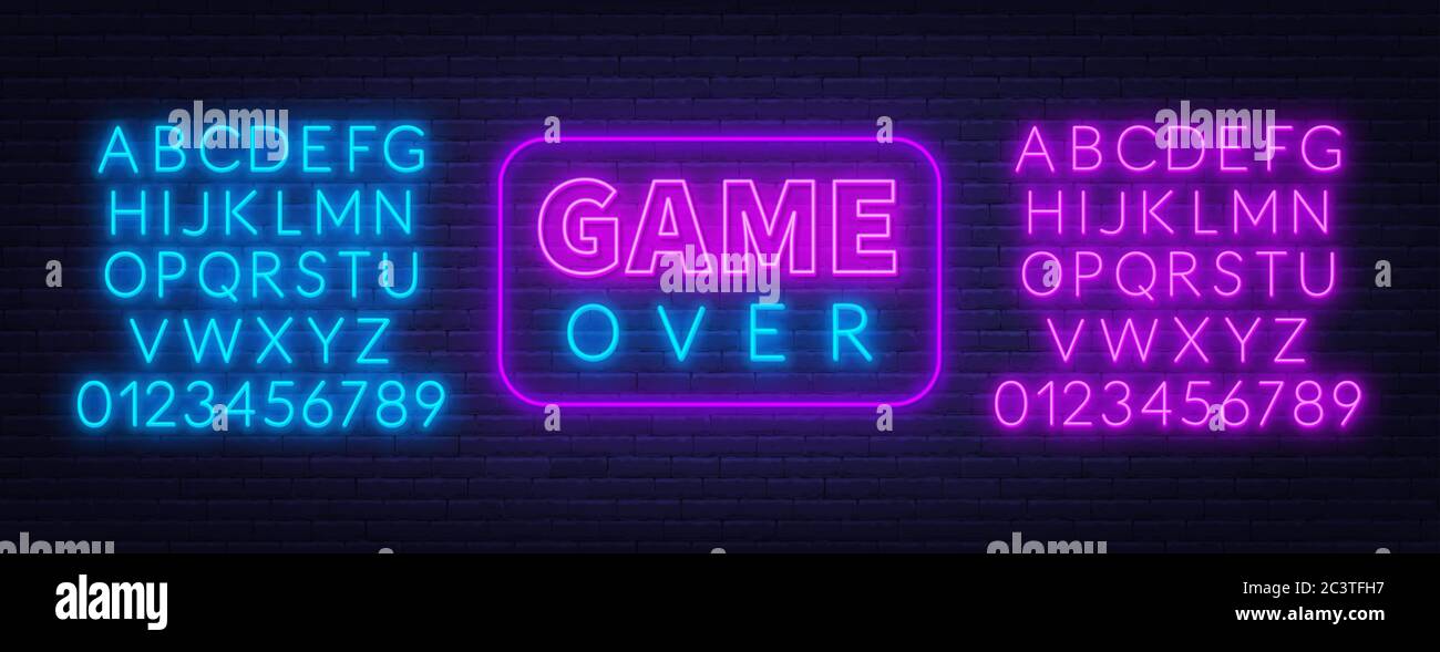Neon game over sign on brick wall background. Neon alphabet Stock ...