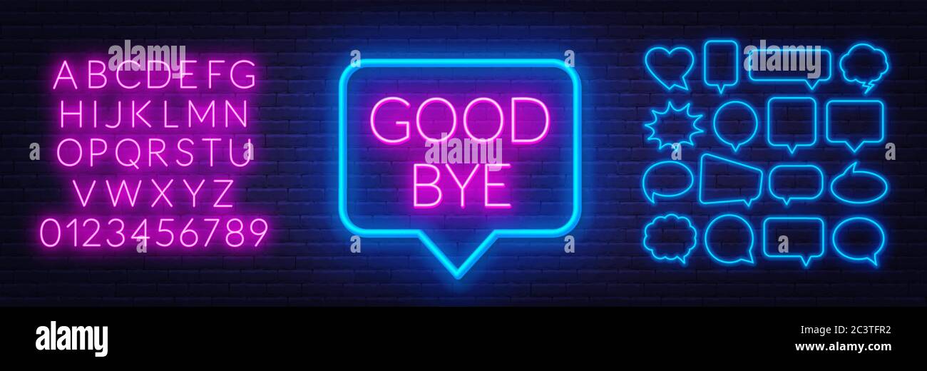 Neon sign good bye in speech bubble frame on dark background Stock ...