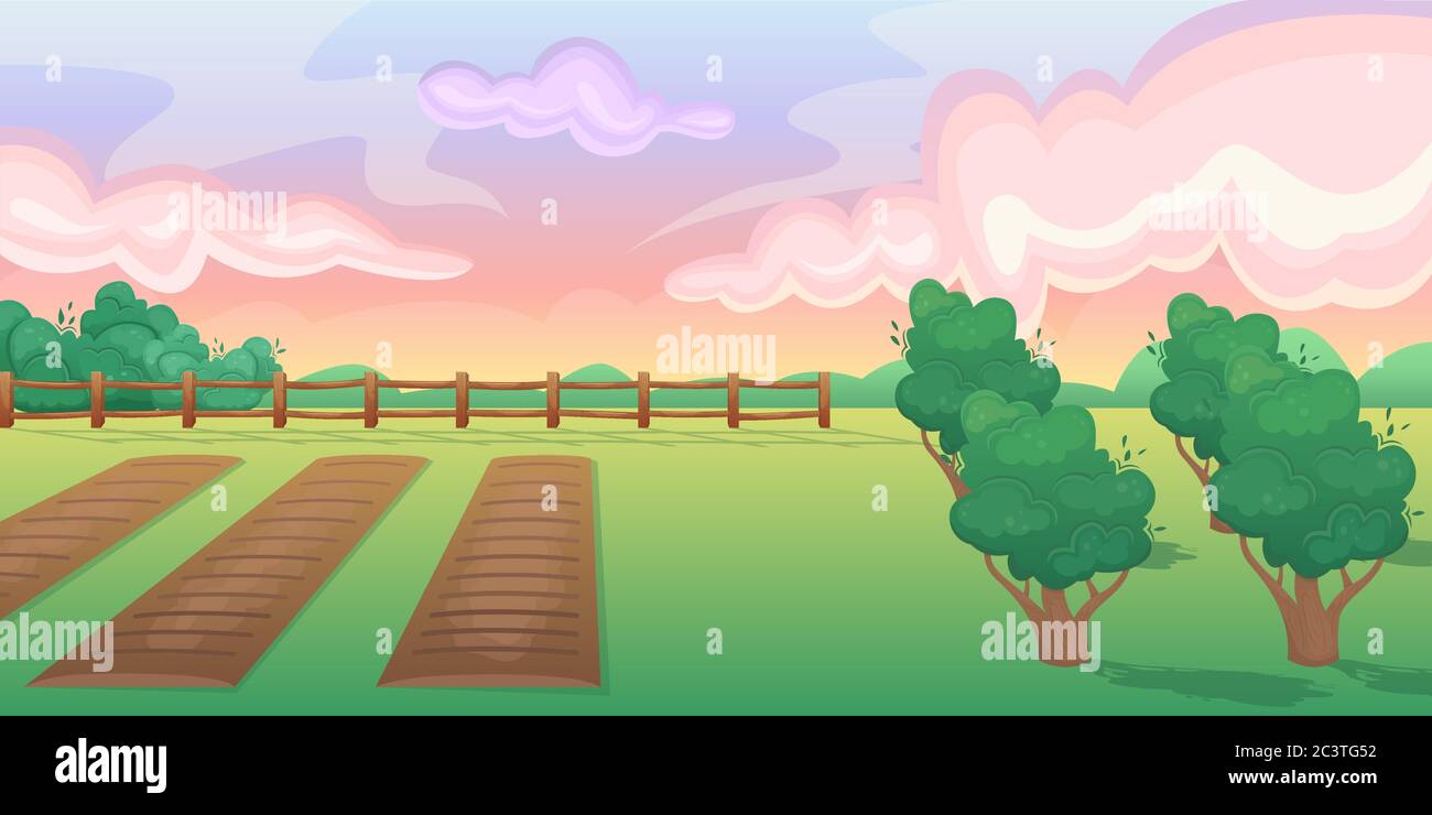 Horizontal landscape of a field with beds and a fruit and berry garden ...