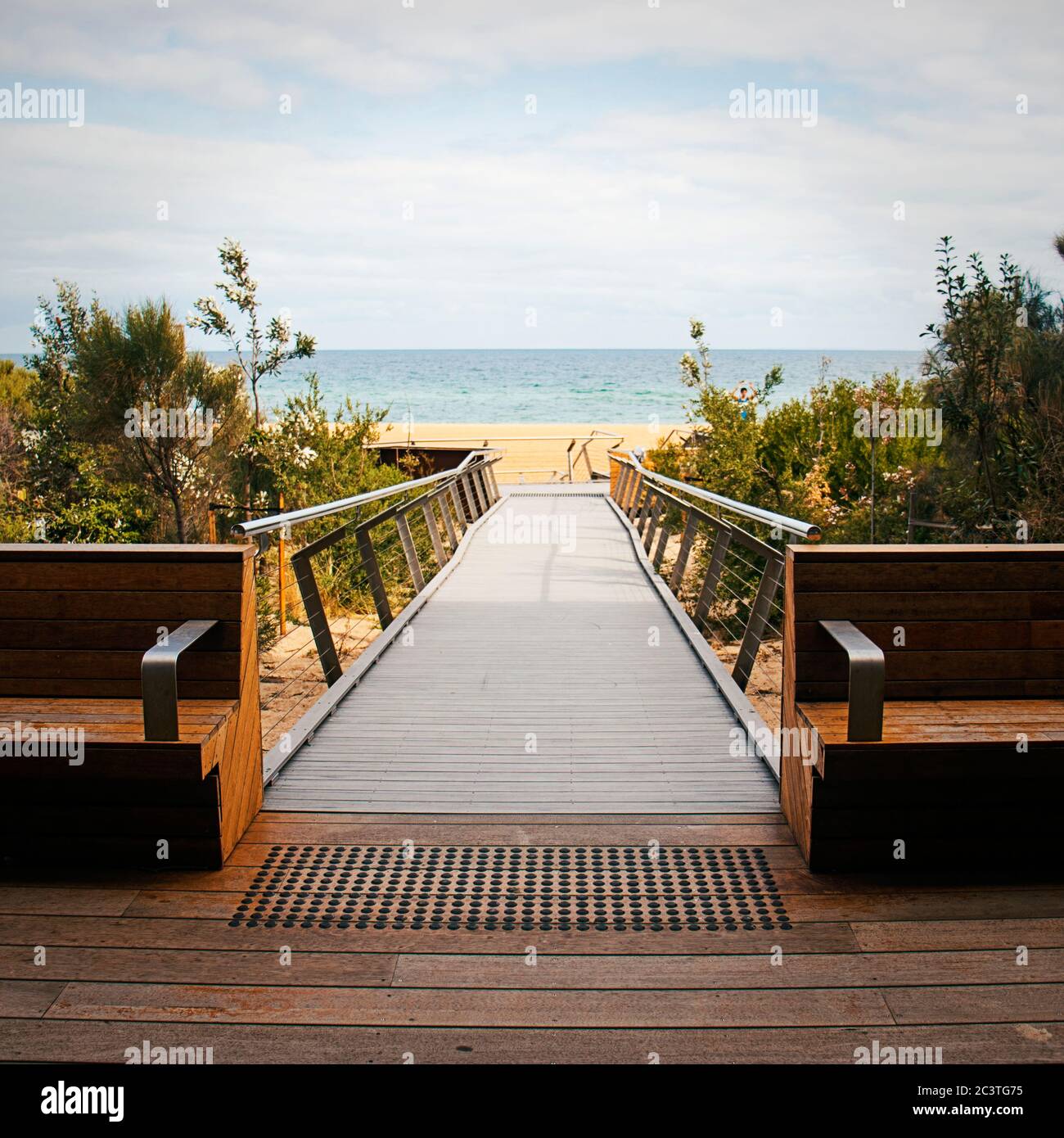 A wooden path leading to the beach with benches and plants on either ...