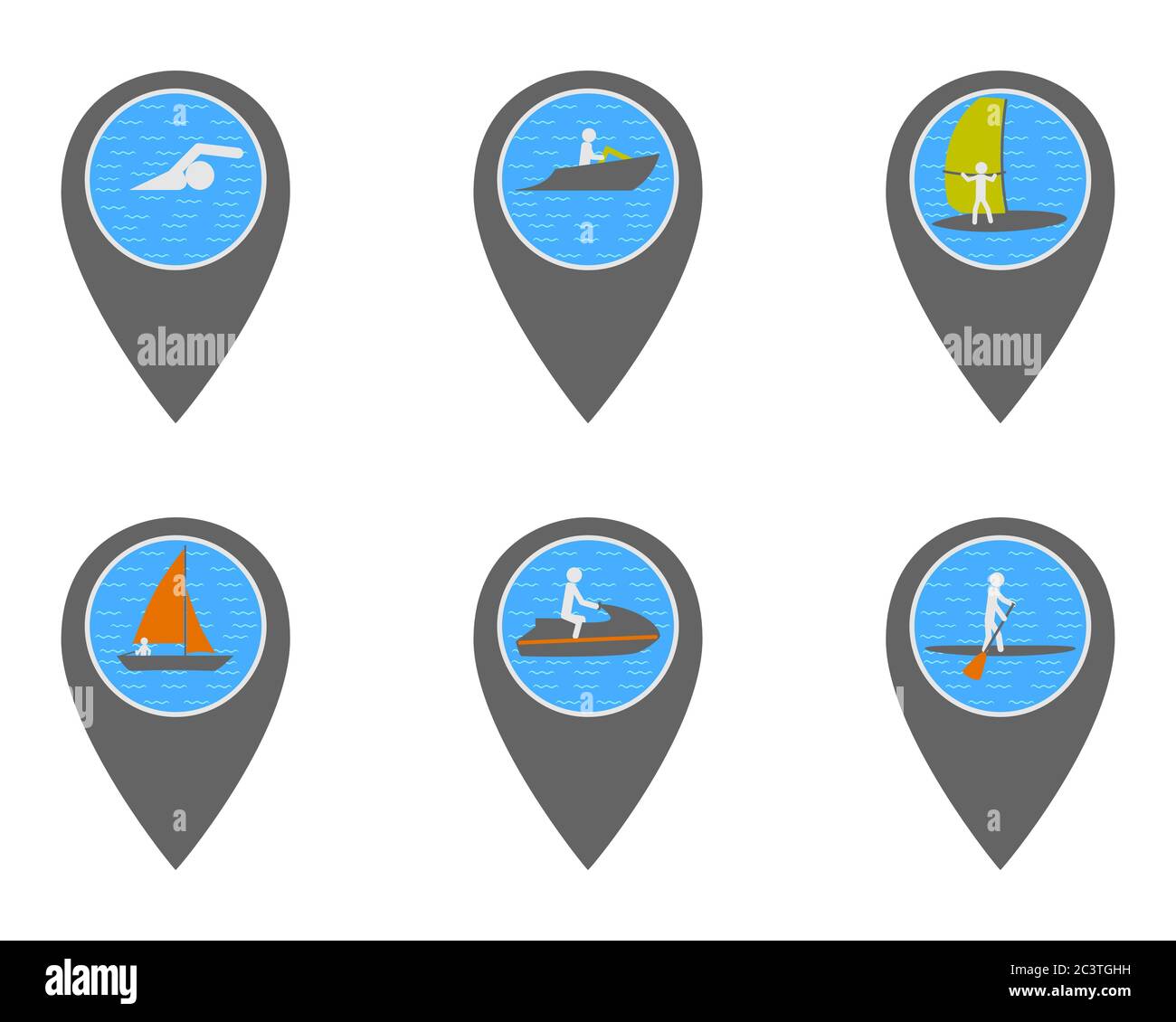 Location pins with symbols of travel Stock Photo - Alamy