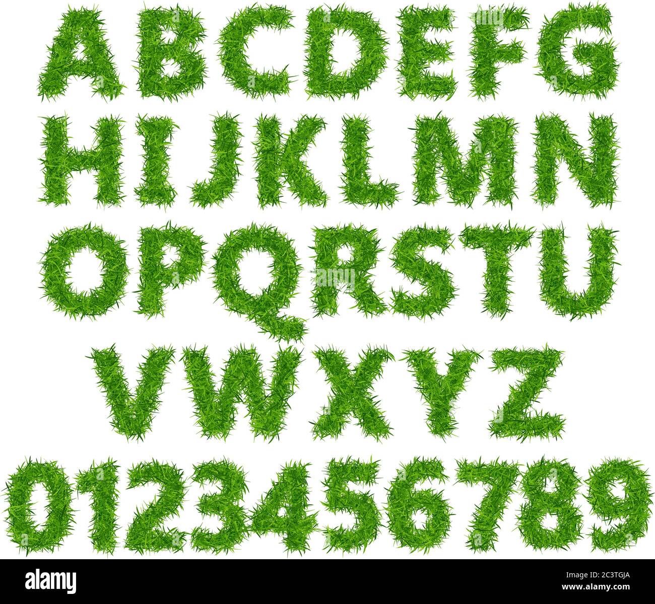 Green grass font. Lawn texture alphabet with numbers on white ...