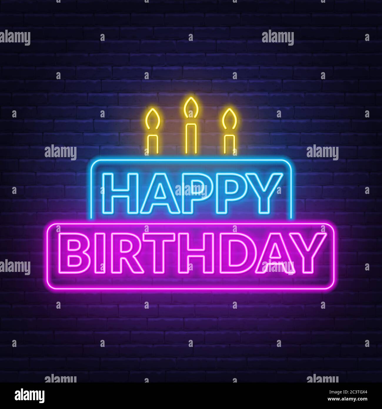 Happy birthday neon sign. Birthday card in the shape of a cake with ...