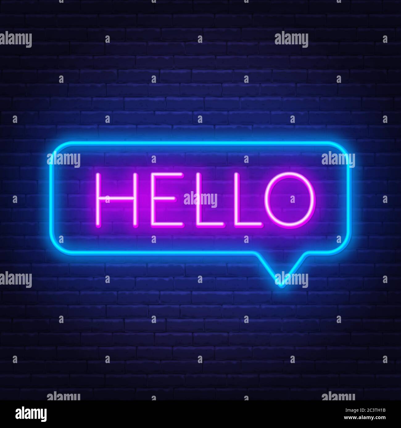 Neon sign of word hello in speech bubble frame on dark background Stock ...