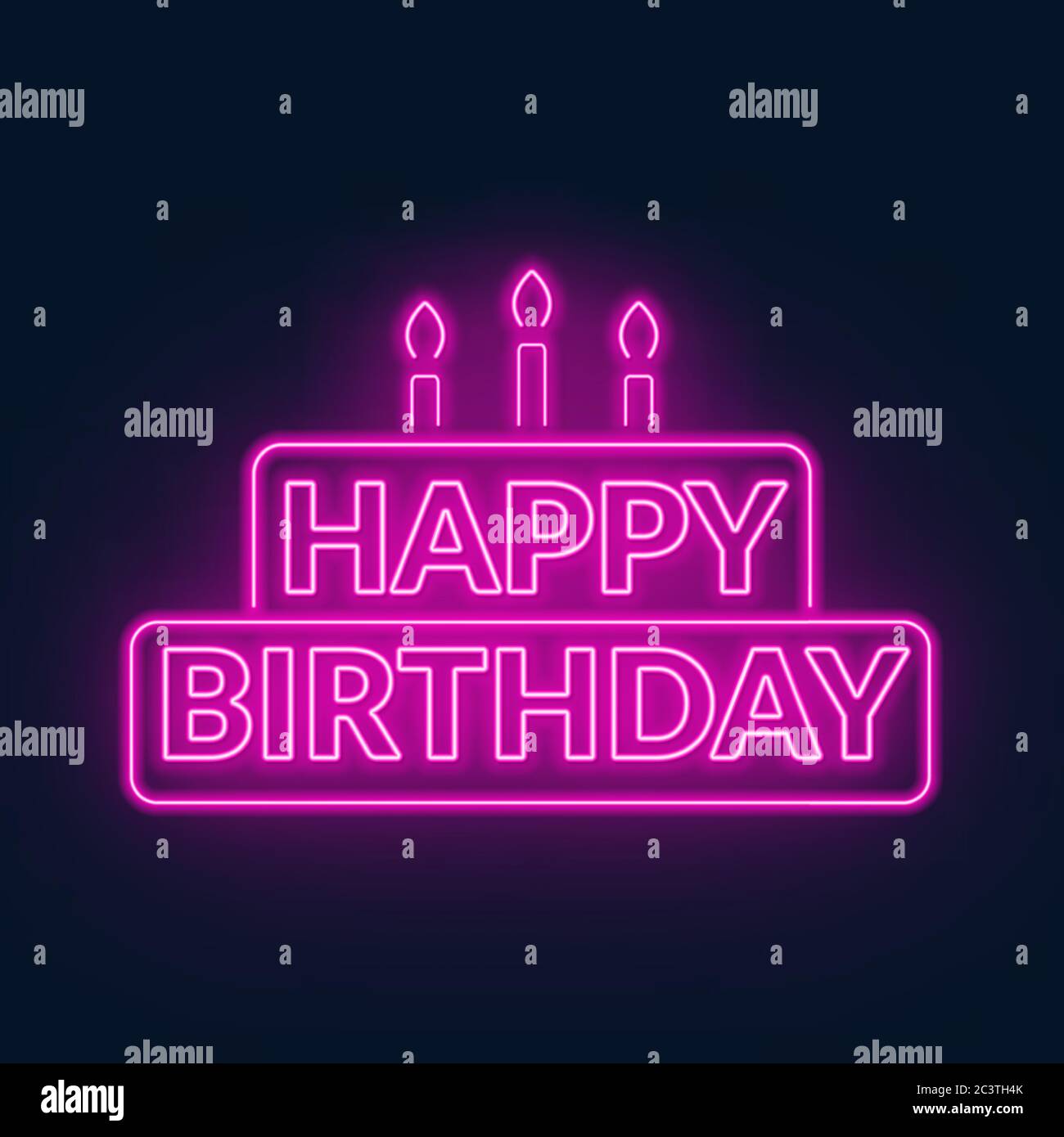 Happy birthday neon sign. Birthday card in the shape of a cake with ...