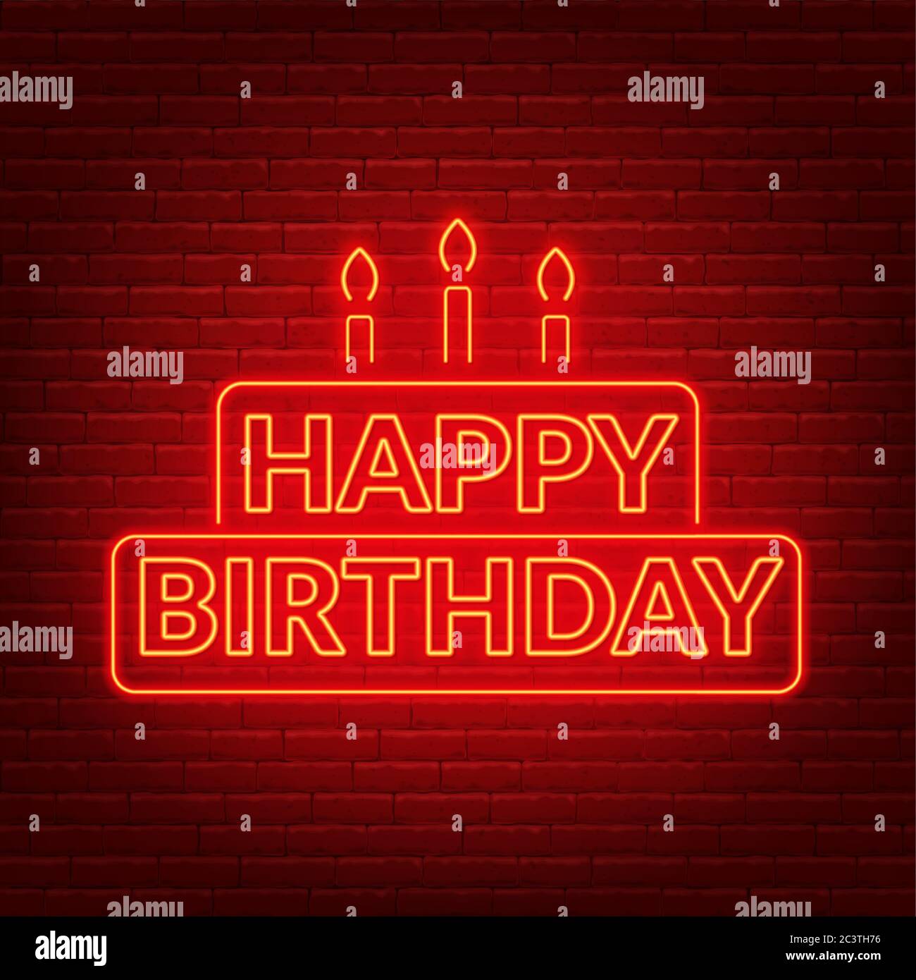 Happy birthday neon sign. Birthday card in the shape of a cake with ...