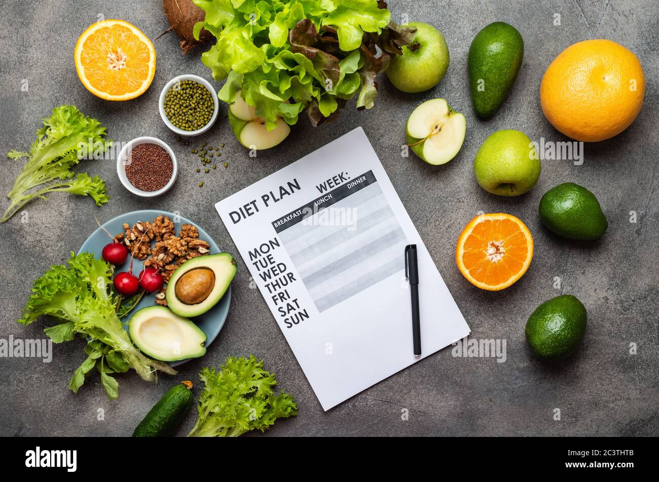 Sheet of healthy diet meal week plan and organic food products on the ...