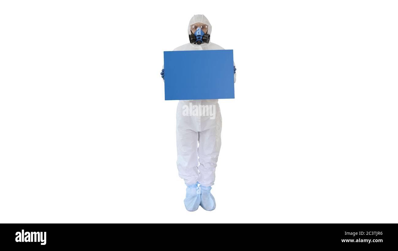 Lab scientist in safety suit holding board on white background Stock ...
