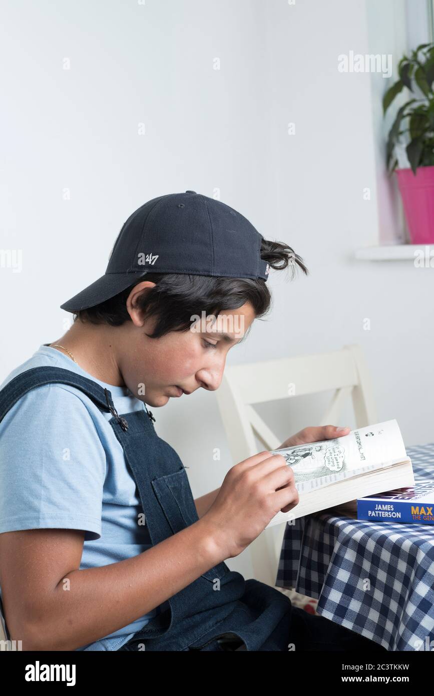 Young boy, age 12-13 years reads at home Stock Photo - Alamy