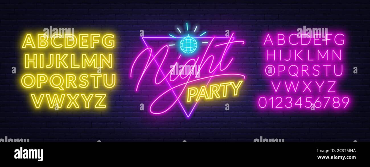 Neon lettering Night party on brick wall background. Glowing fonts ...