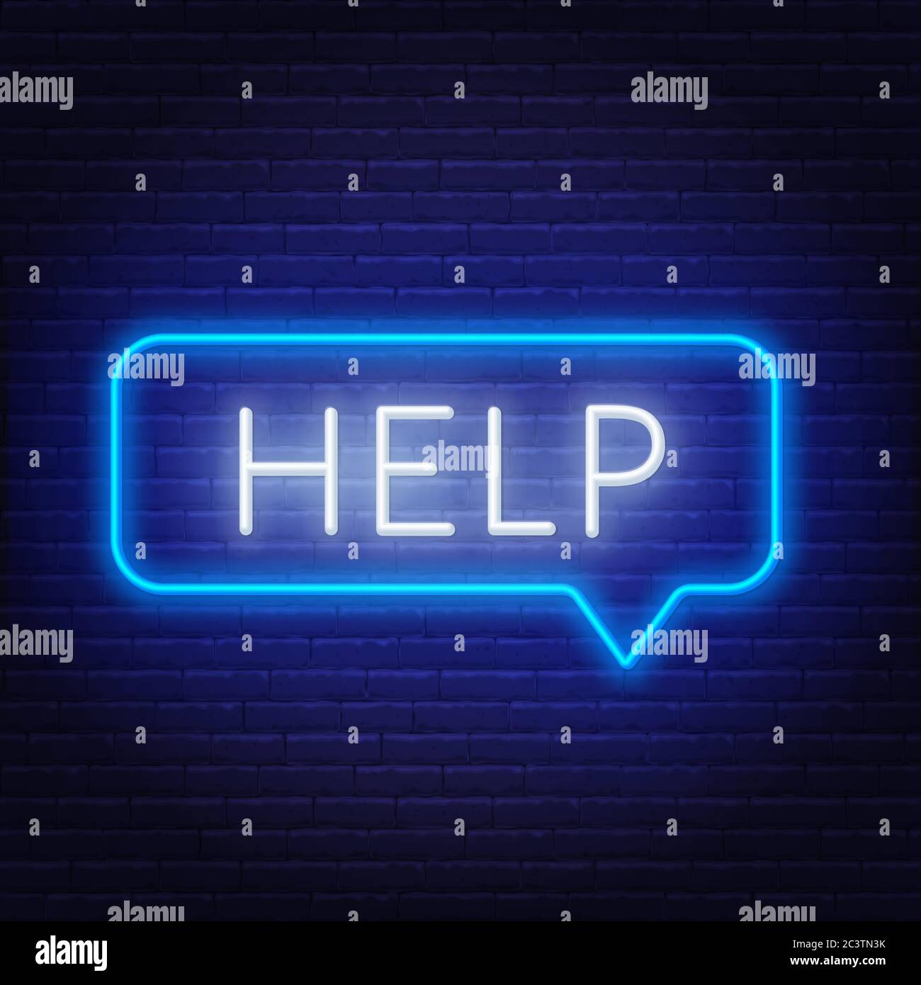 Neon sign of word help in speech bubble frame on dark background Stock ...