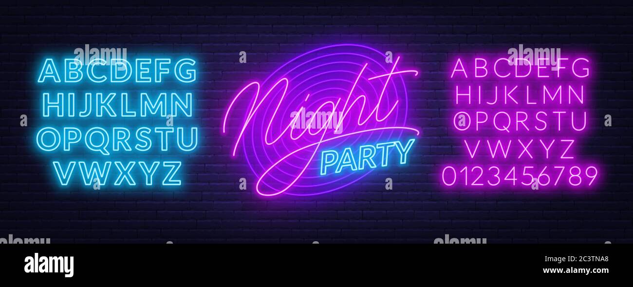 Neon lettering Night party on brick wall background. Glowing fonts ...