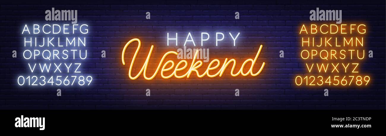 Happy weekend neon sign. Greeting card on dark background Stock Vector ...