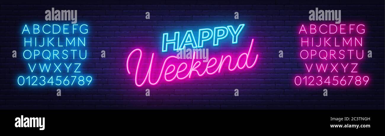Happy weekend neon sign. Greeting card on dark background Stock Vector ...