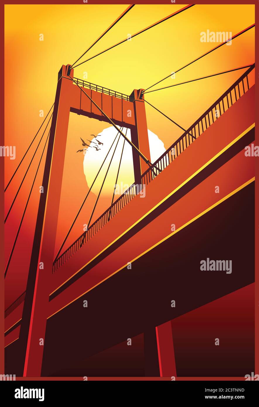 Stylized vector illustration of a large cable-stayed bridge in the sun ...