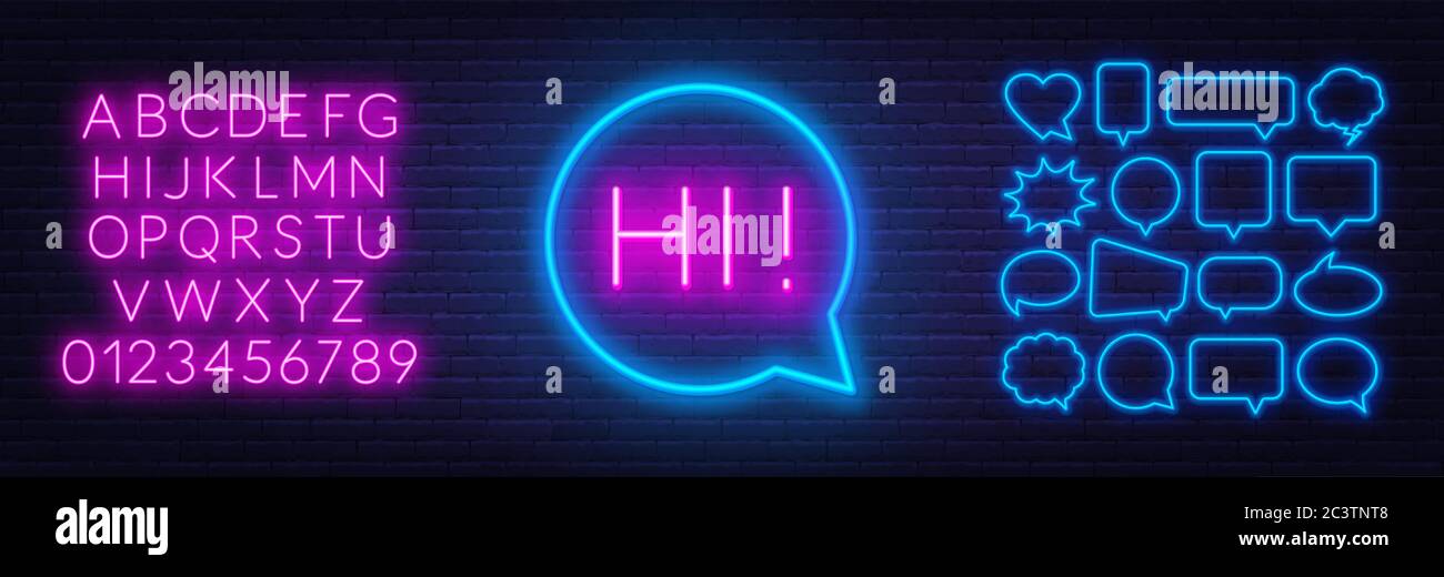 Neon sign of word hi in speech bubble frame on dark background Stock ...