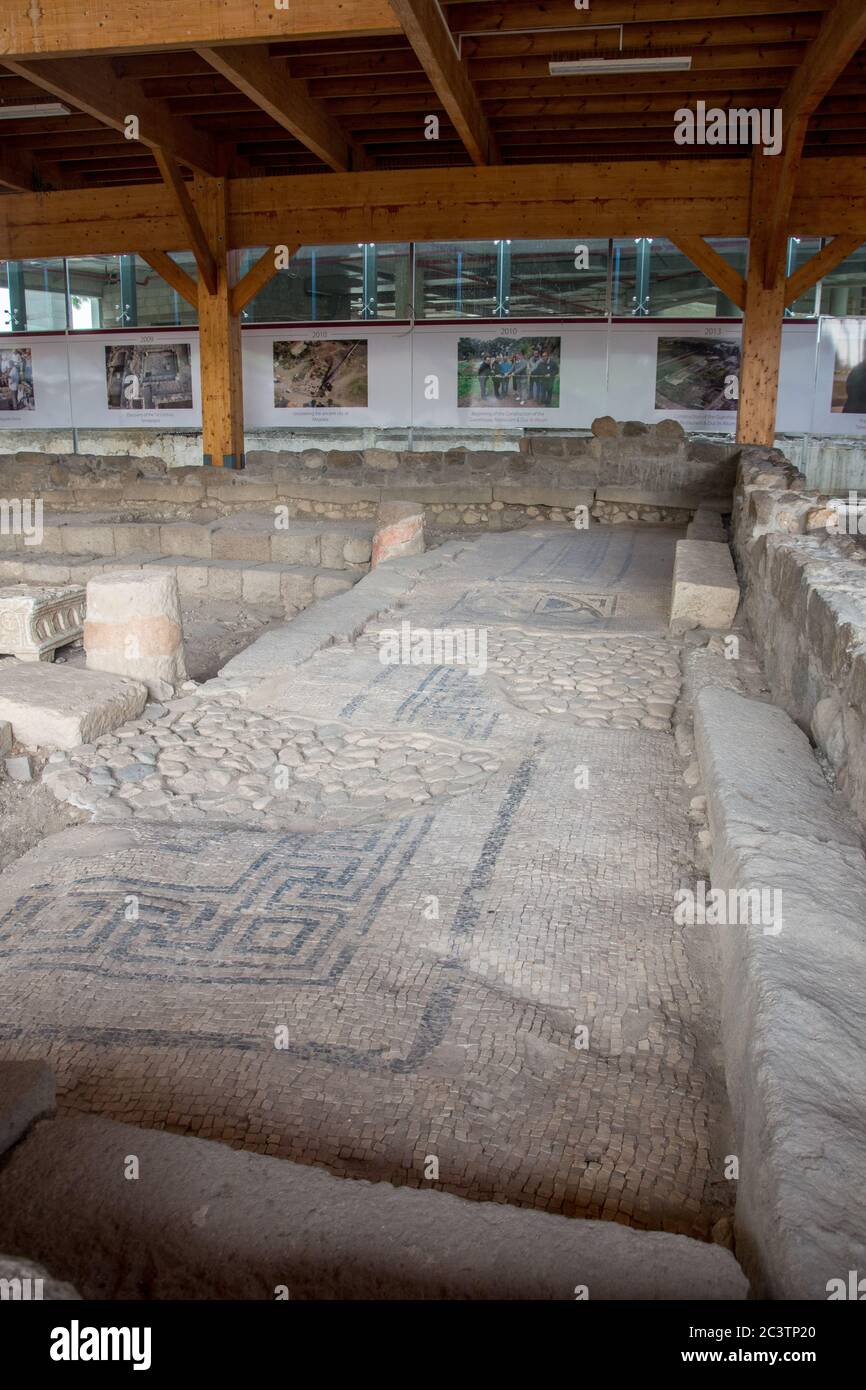 Mosaic floor in the ancient synagogue at the ruins of the ancient ...