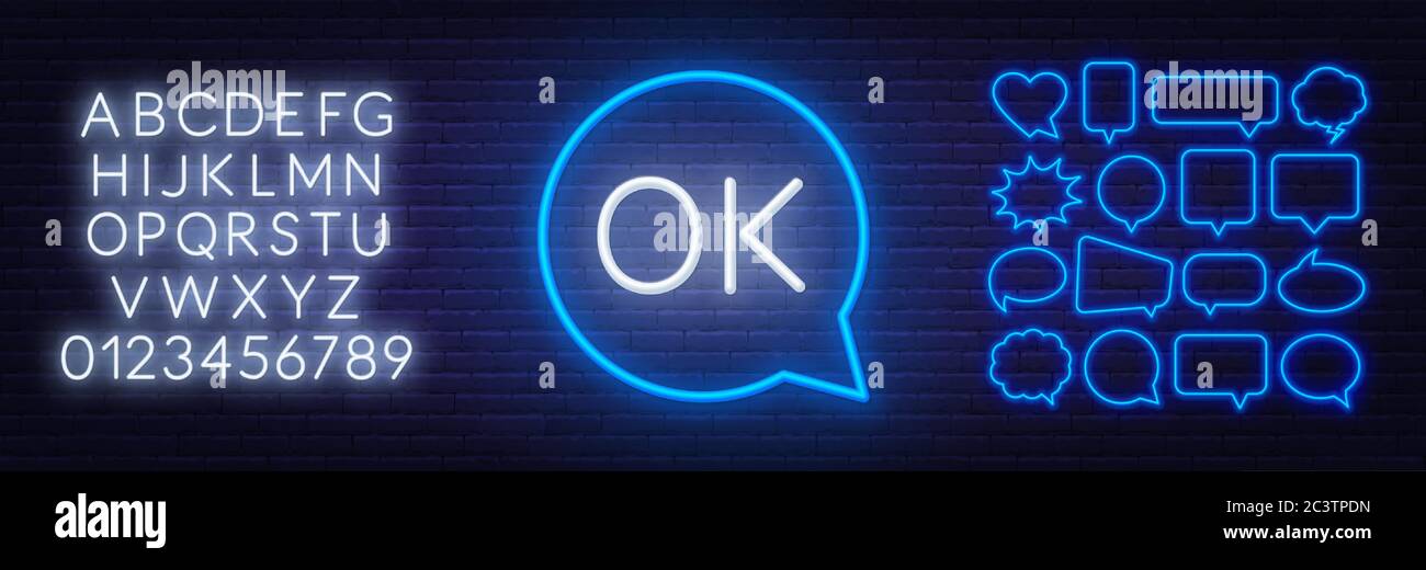 Neon sign ok. Set of neon speech bubbles and the alphabet on a dark ...