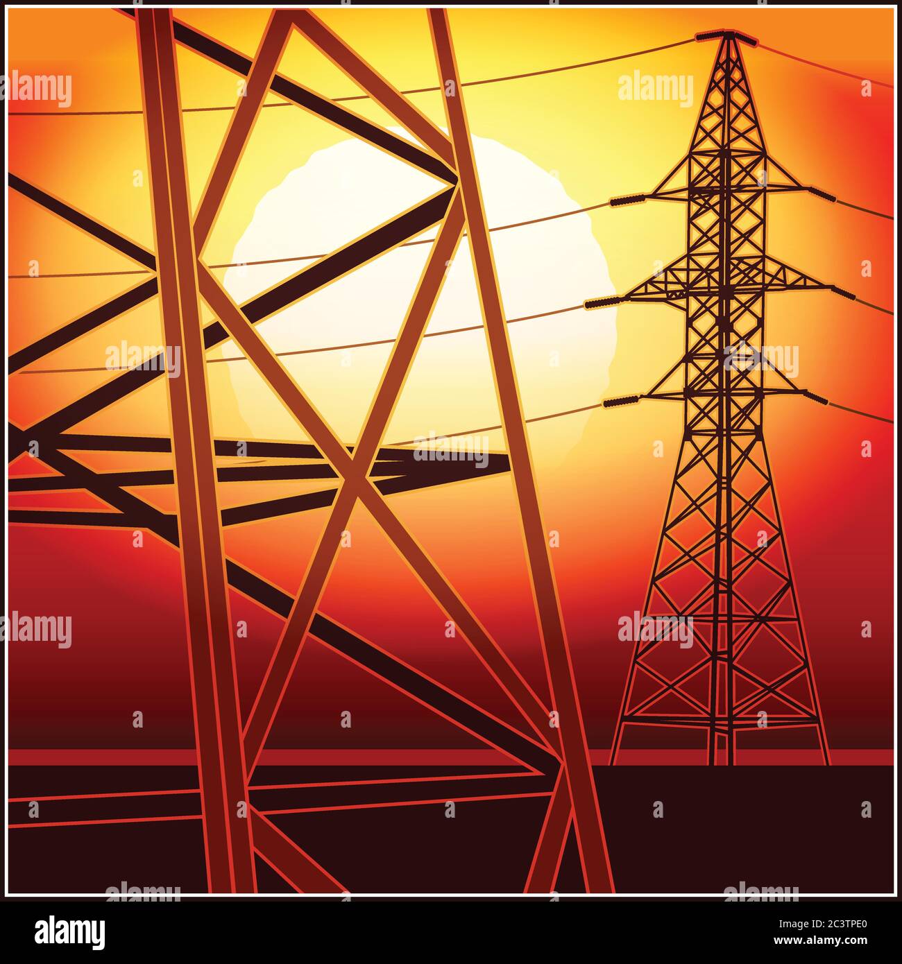 Stylized vector illustration on the theme of high voltage power lines ...