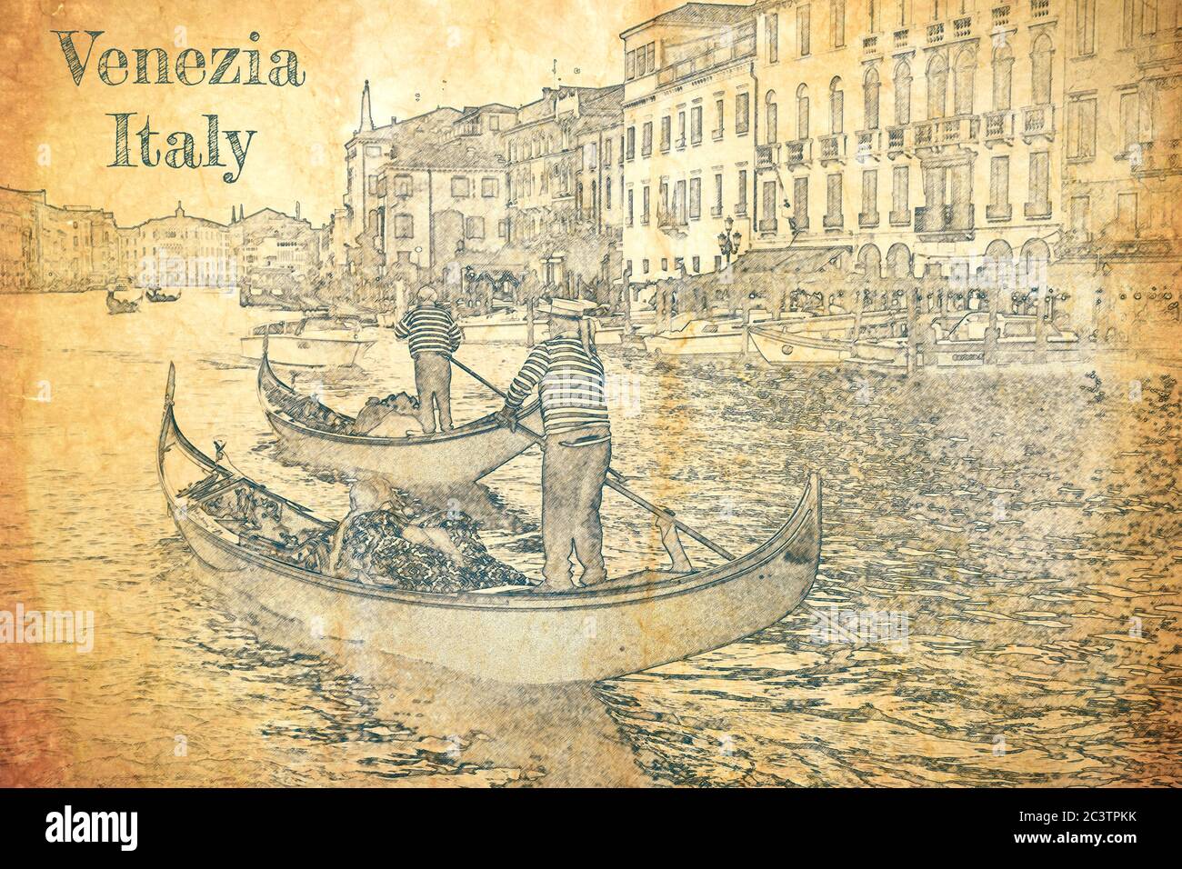 Sketch of gondolier on the Grand Canal, Venice Stock Photo - Alamy