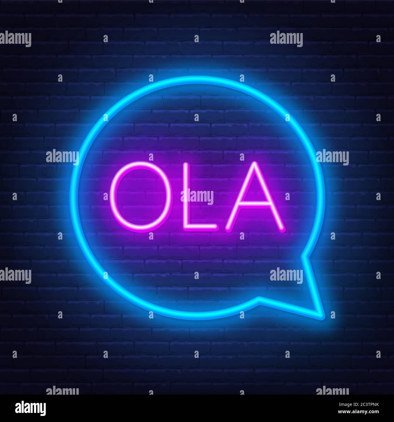 Neon sign of word Ola in speech bubble frame on dark background ...