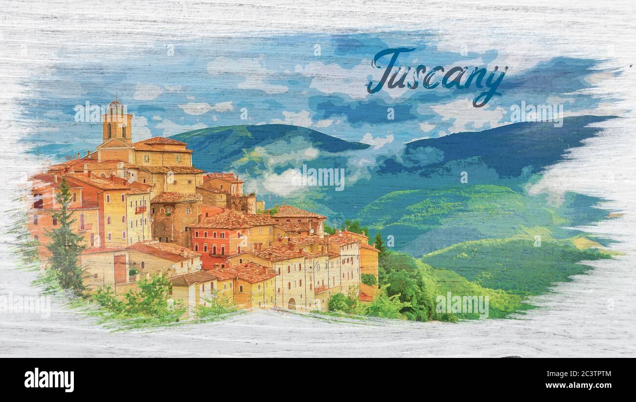 Abeto town in Umbria, Italy, watercolor painting Stock Photo - Alamy