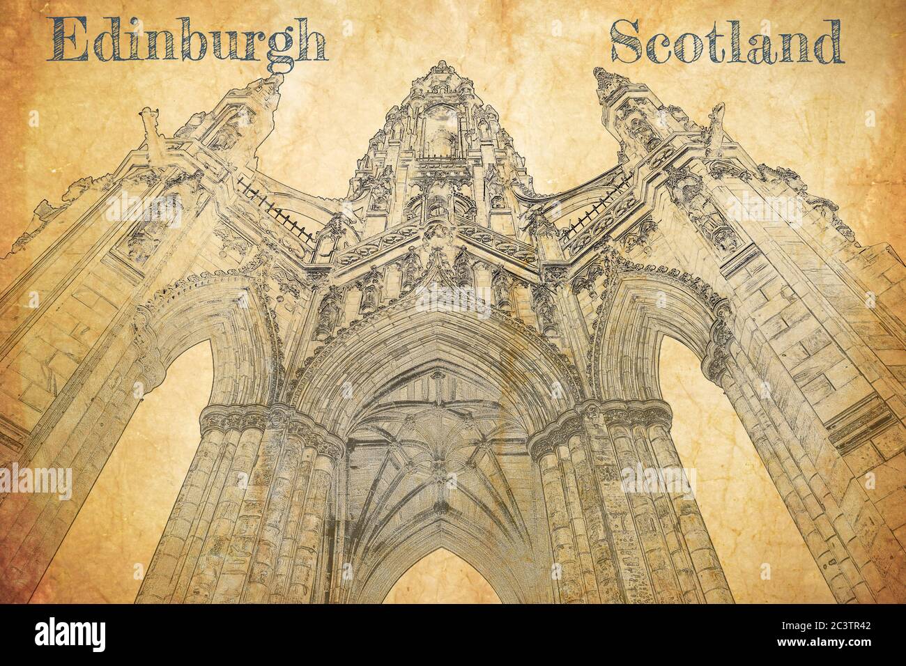 Sketch of Scott Monument in Edinburgh, Scotland Stock Photo - Alamy