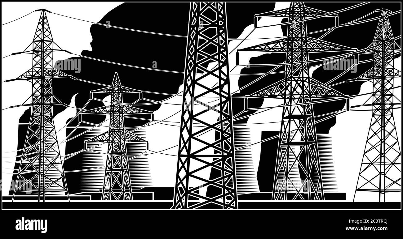 Stylized vector illustration of Power station and high-voltage lines ...