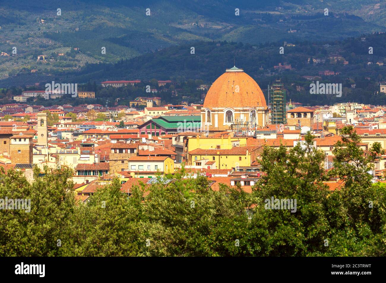 Florence, Italy aerial view of historical medieval houses and red dome ...