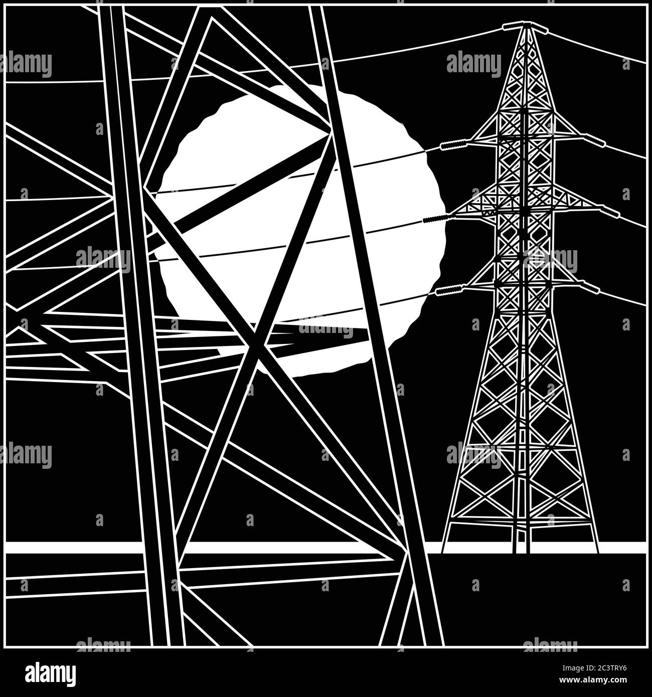 Stylized vector illustration on the theme of high voltage power lines ...
