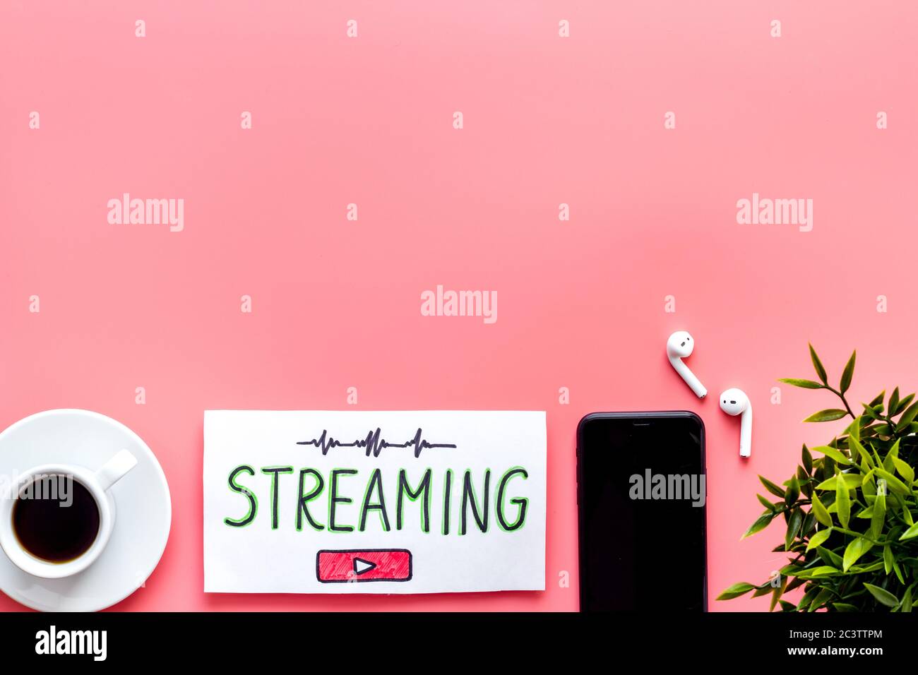 Online streaming social media concept. Paper tablet on office desk top ...