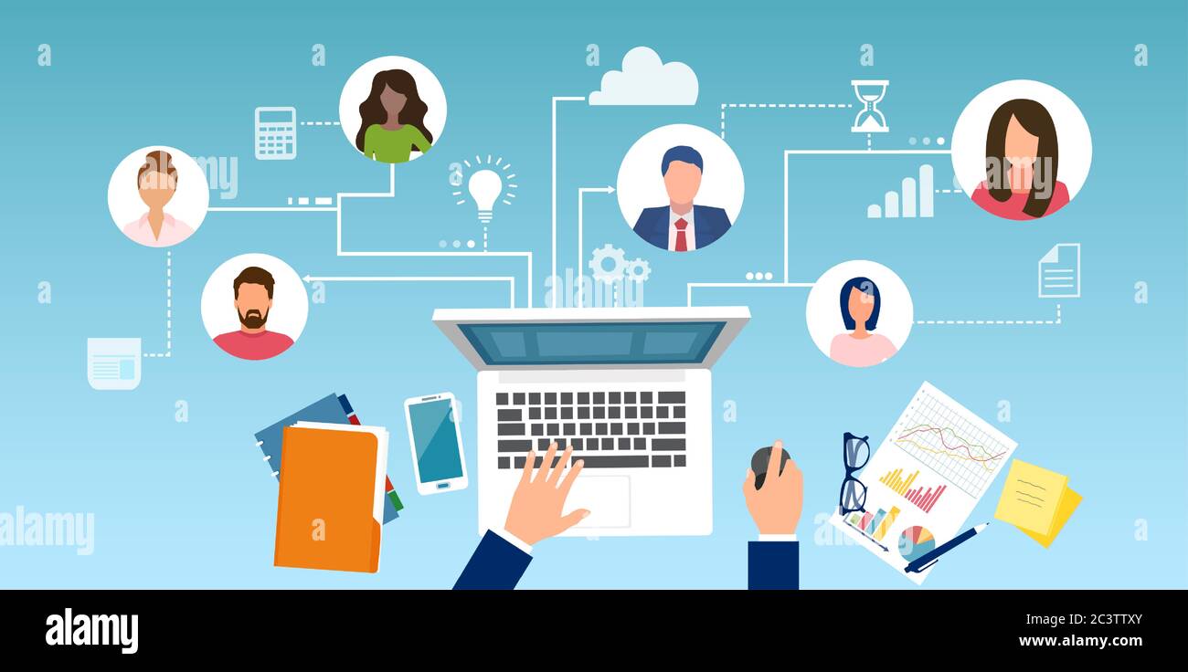 Vector of a manager communicating with employees online and working on ...