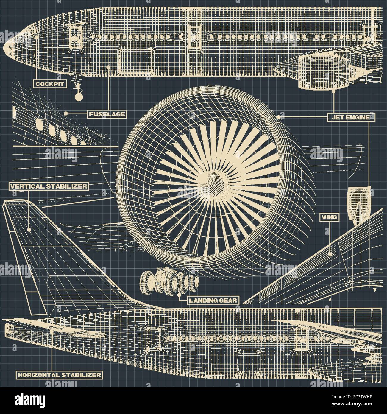 Vector illustration of a fragment of drawings of a civilian jet in the ...
