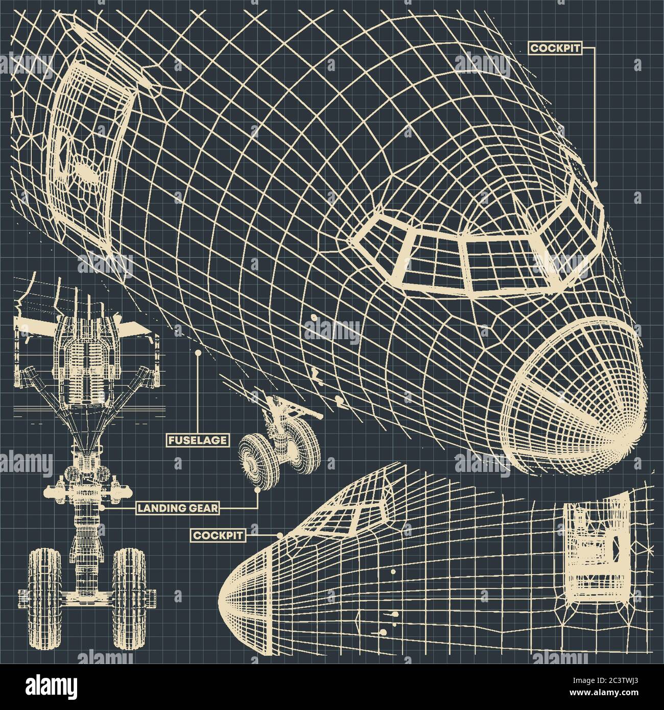 Vector illustration of a fragment of drawings of a civilian jet in the ...