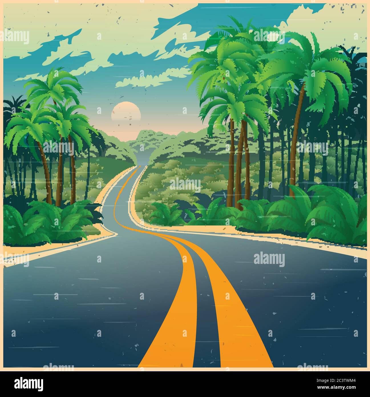 Stylized vector illustration of a road through the picturesque jungle ...