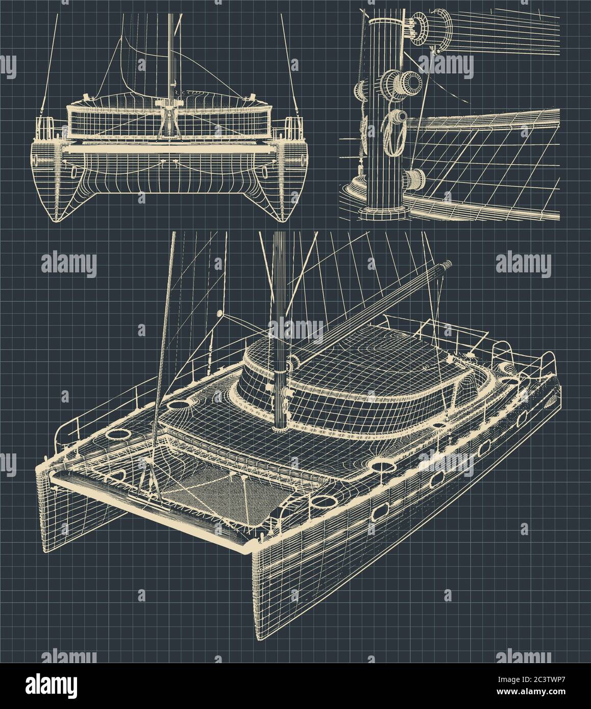 Fragment of stylized drawings of a modern catamaran with a sail in ...