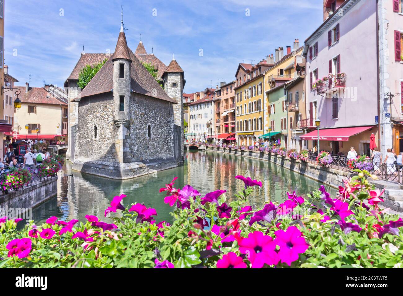 Annecy Alps, Old city view from the lake, flower pots, France Stock ...