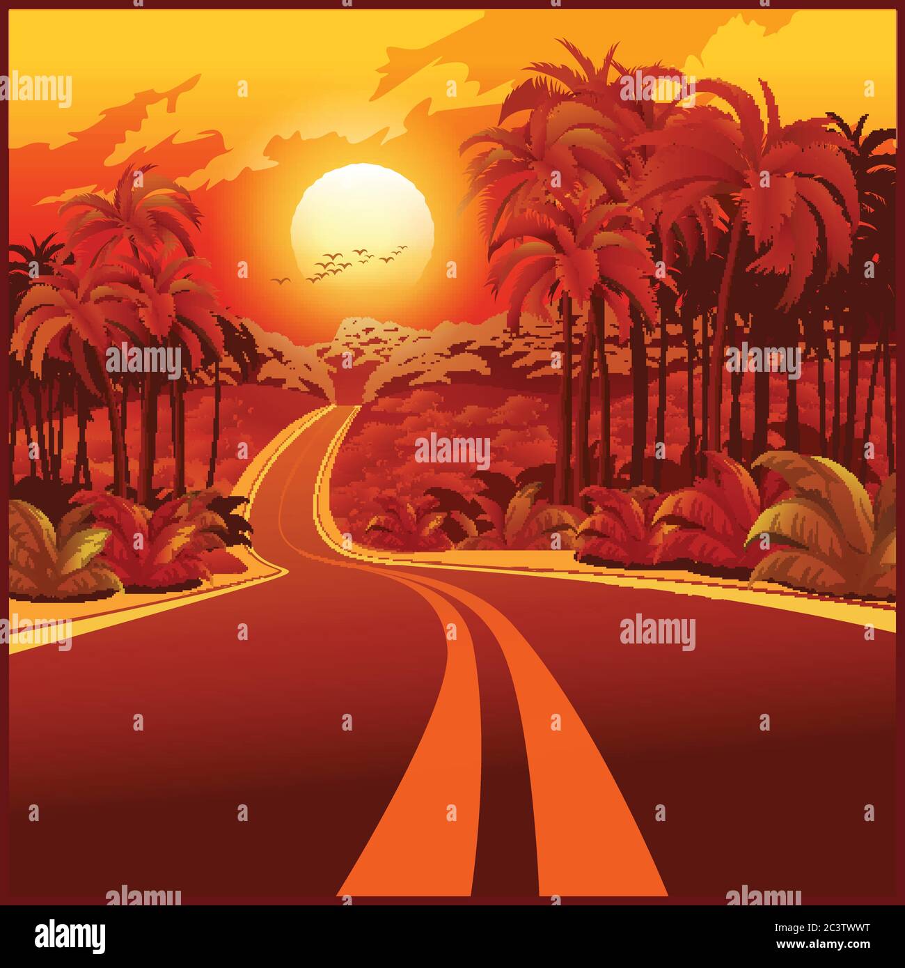 Stylized vector illustration of a road through the jungle at sunset ...