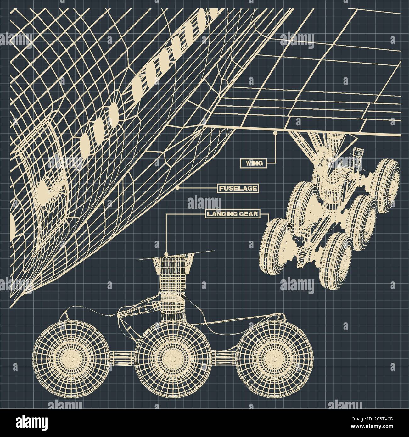 Vector illustration of a fragment of drawings of a civilian jet in the ...