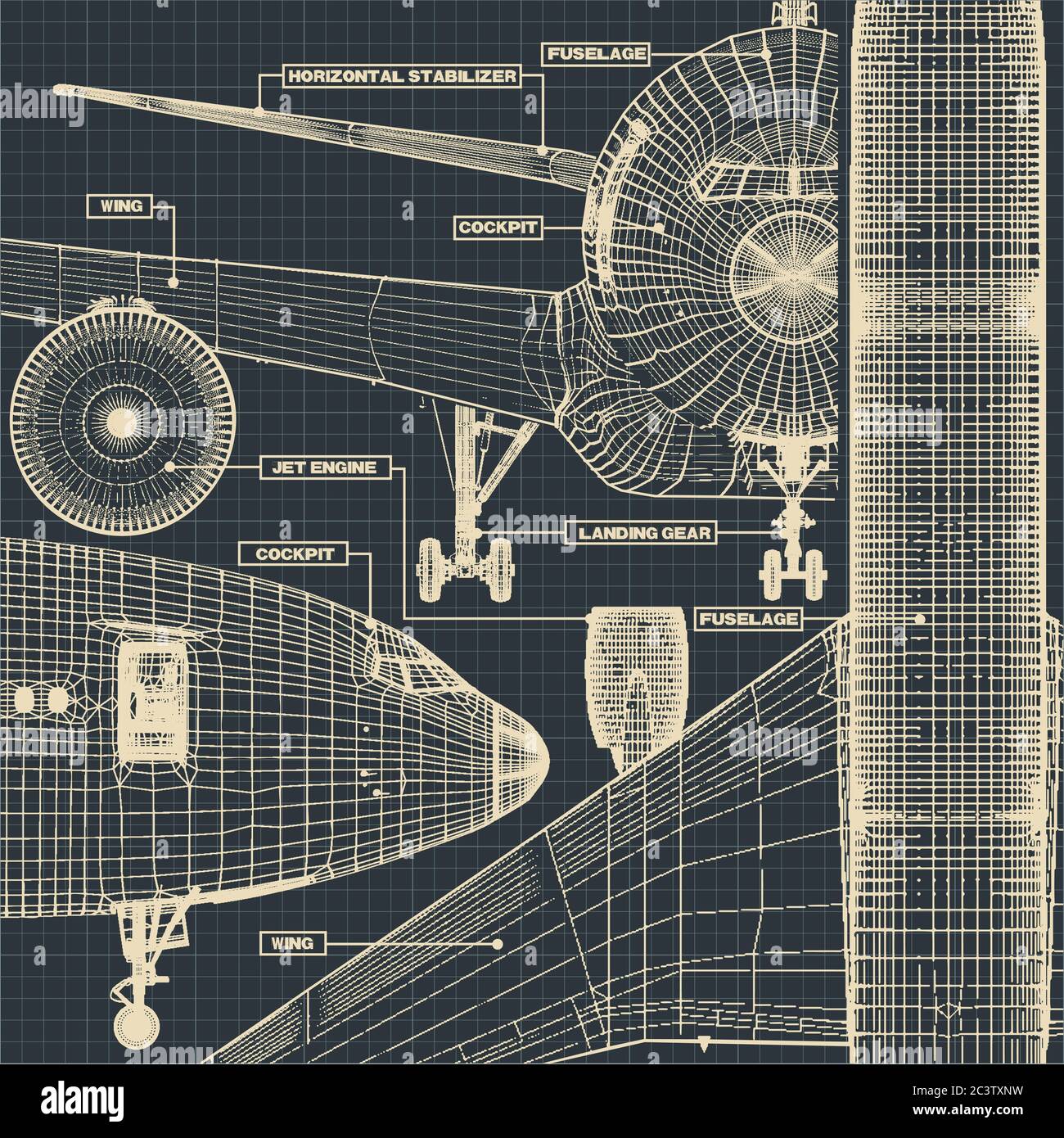 Vector illustration of a fragment of drawings of a civilian jet in the ...