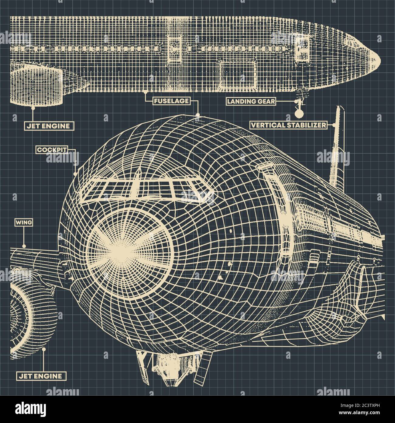 Vector illustration of a fragment of drawings of a civilian jet in the ...