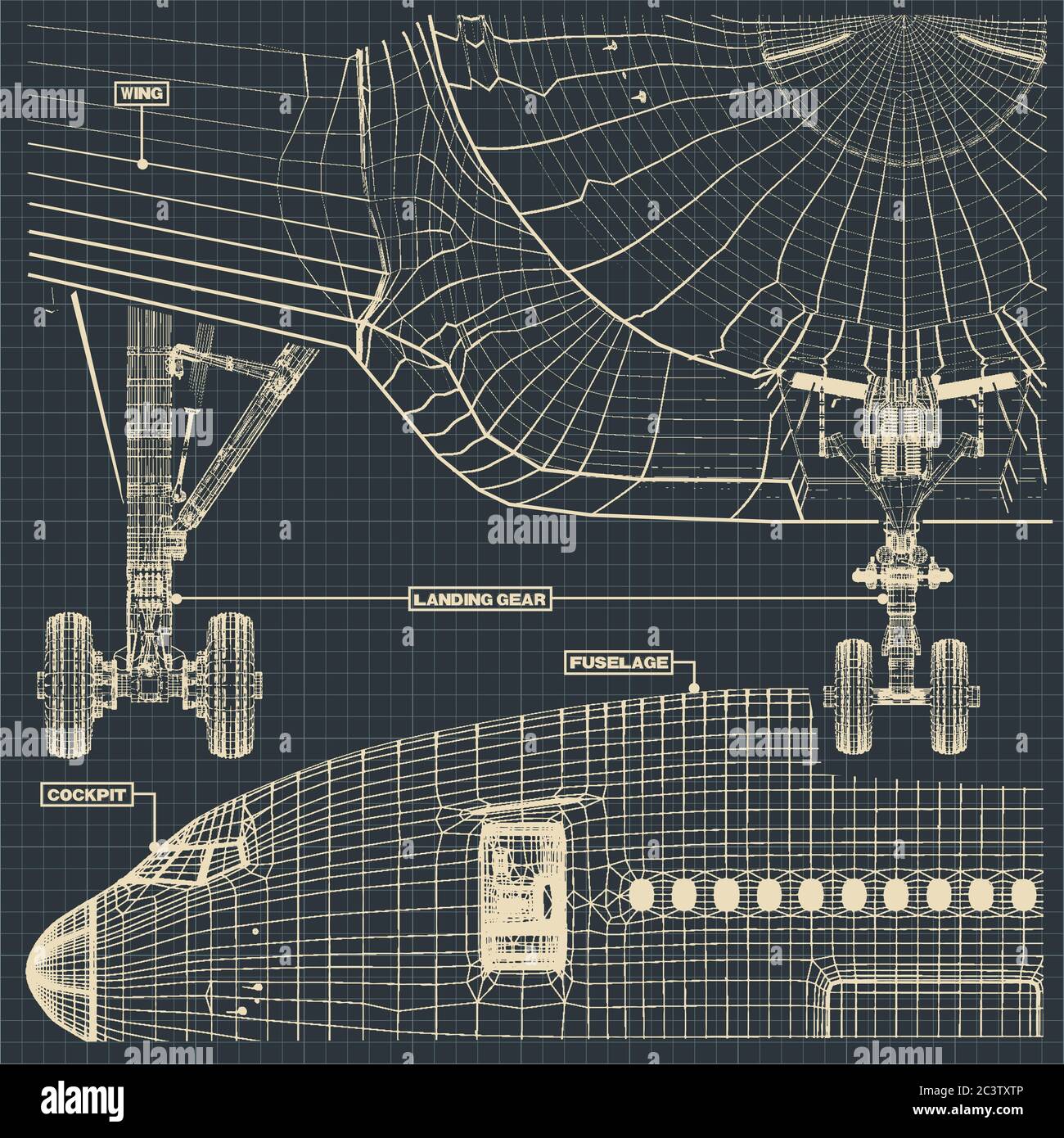 Vector illustration of a fragment of drawings of a civilian aircraft in ...