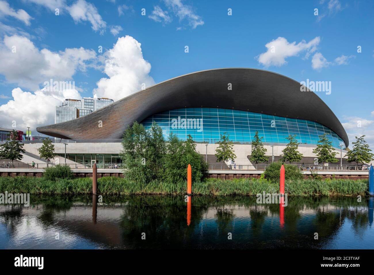 General view of Aquatics Centre, with River Lea in foreground. London ...