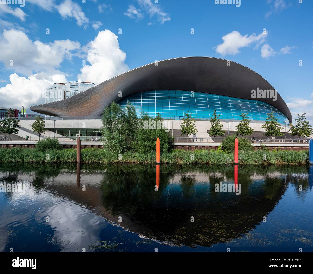 General view of Aquatics Centre, with River Lea in foreground. London ...