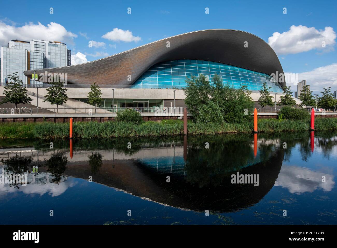 General view of Aquatics Centre, with River Lea in foreground. London ...