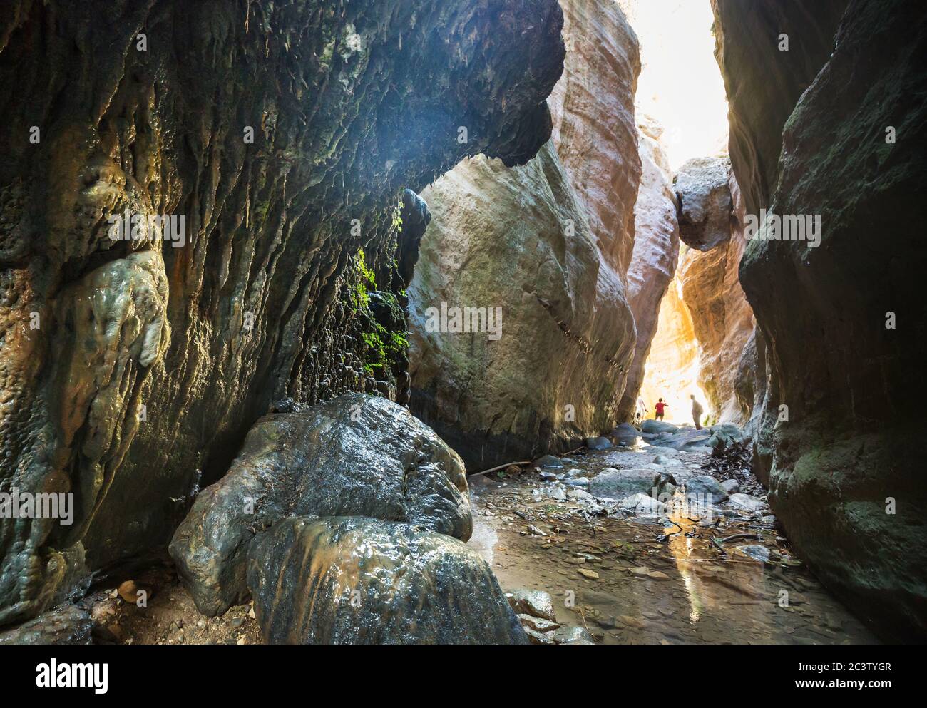 Tourist in Avakas Gorge. Paphos District, Cyprus. Famous small canyon ...