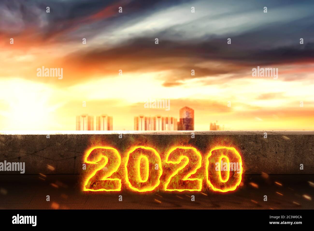 2020 on fire with cityscapes background Stock Photo - Alamy
